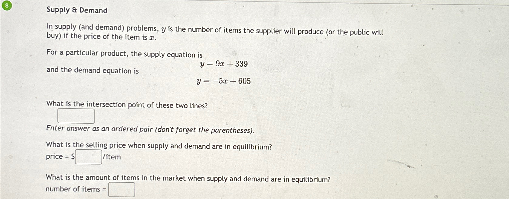 Solved 8Supply & DemandIn supply (and demand) ﻿problems, y | Chegg.com