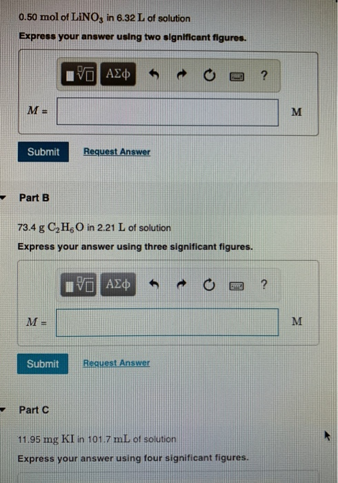 Solved 0.50 mol of LINO3 in 6.32 L of solution Express your | Chegg.com