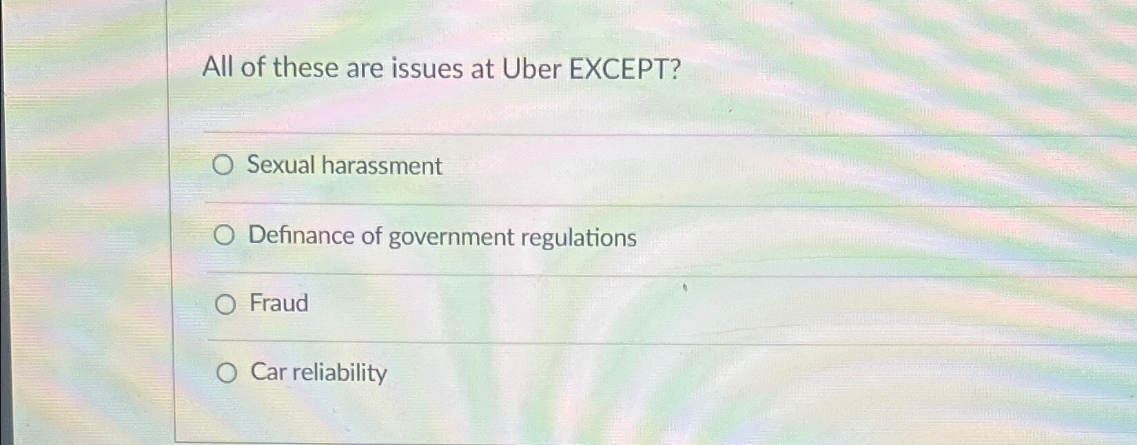 Solved All of these are issues at Uber EXCEPT?Sexual | Chegg.com