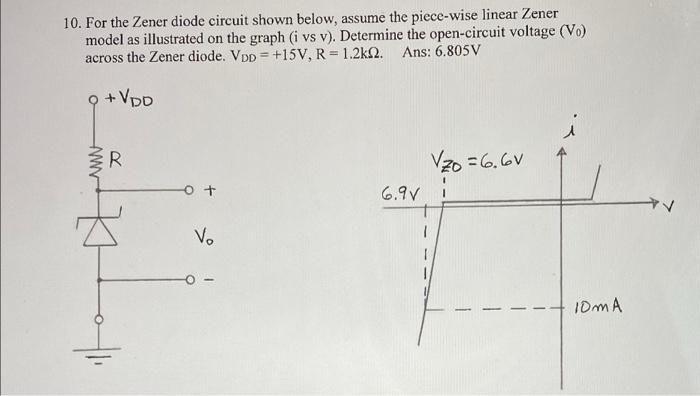Solved 10. For the Zener diode circuit shown below, assume | Chegg.com