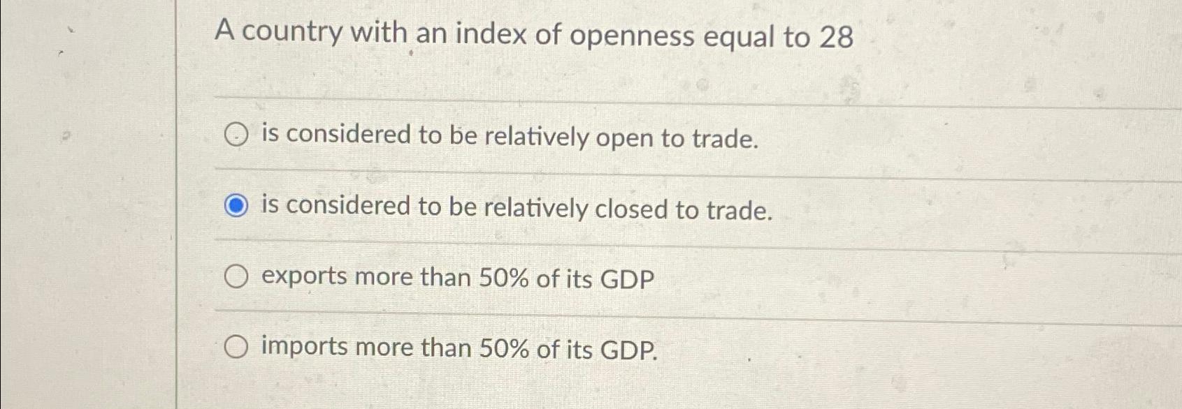 Solved A country with an index of openness equal to 28is | Chegg.com