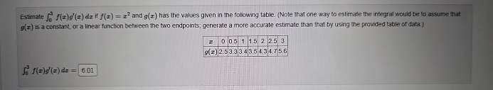 Solved Estimate ∫03f(x)g'(x)dx ﻿if f(x)=x2 ﻿and g(x) ﻿has | Chegg.com
