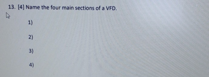 Solved 13. [4] Name the four main sections of a VFD. 1) 2) | Chegg.com