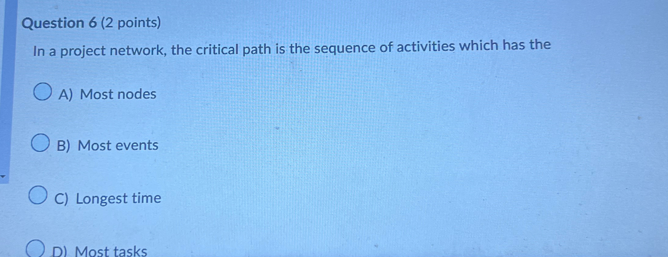 Solved Question 6 (2 points)In a project network, the | Chegg.com Solved Question 6 (2 points)In a project network, the | Chegg.com