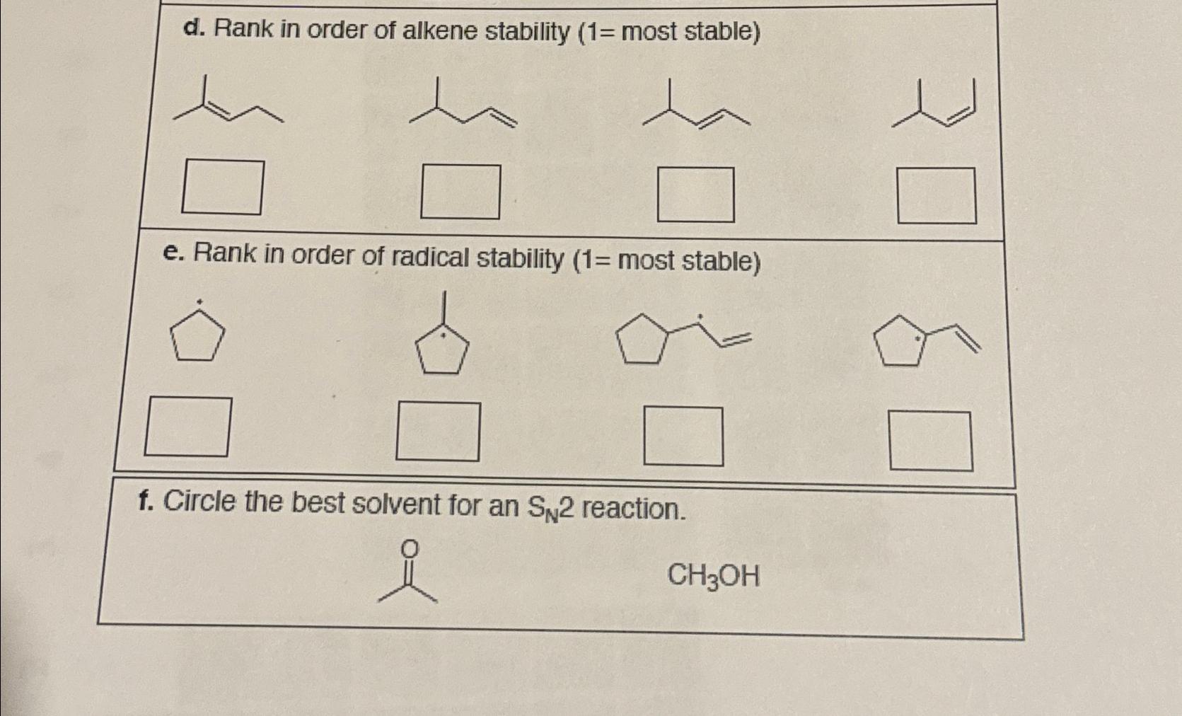 Solved d. ﻿Rank in order of alkene stability ( 1= ﻿most | Chegg.com