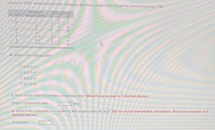 Solved Using the PERT method review the following data for a | Chegg.com