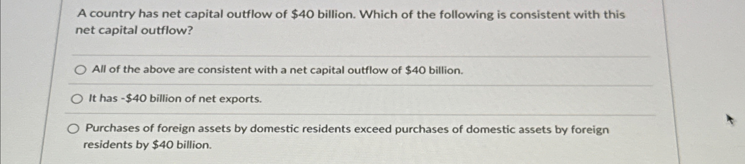 Solved A country has net capital outflow of $40 ﻿billion. | Chegg.com