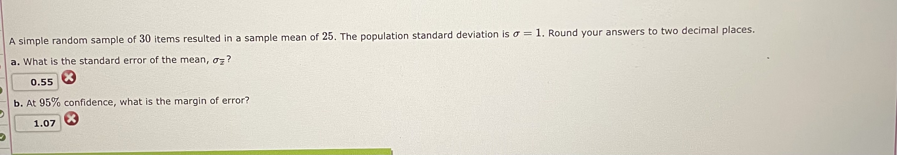 Solved A simple random sample of 30 ﻿items resulted in a | Chegg.com