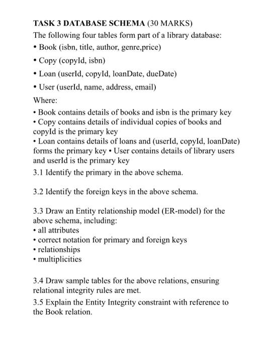 Solved TASK 3 DATABASE SCHEMA (30 MARKS) The following four | Chegg.com