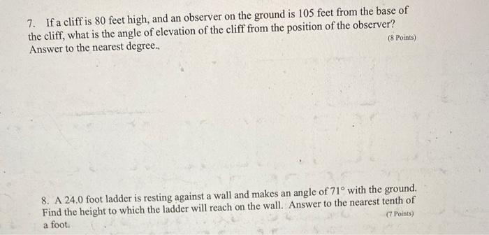 Solved 7. If a cliff is 80 feet high, and an observer on the | Chegg.com