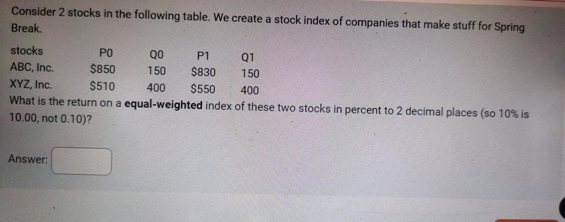Solved Consider 2 stocks in the following table. We create a | Chegg.com