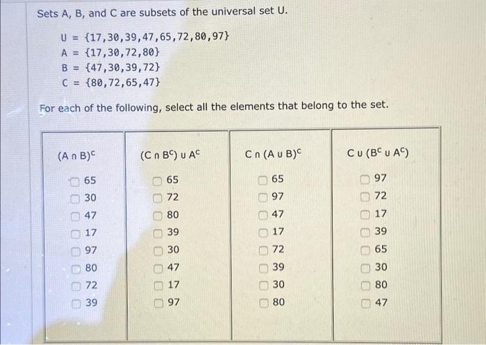 Solved Sets A, B, and C are subsets of the universal set U. | Chegg.com