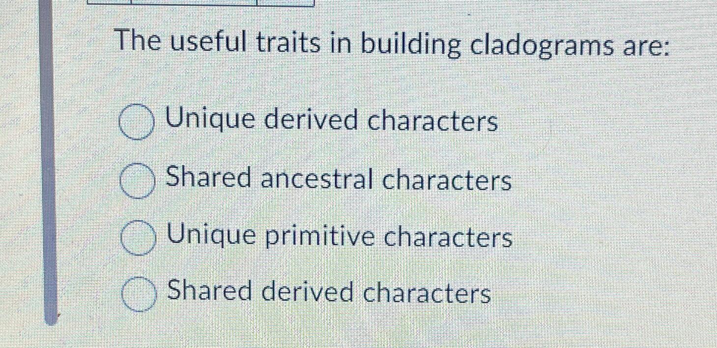 Solved The useful traits in building cladograms are:Unique | Chegg.com Solved The useful traits in building cladograms are:Unique | Chegg.com