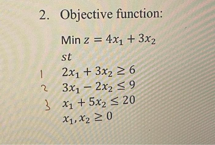 Solved 2. Objective function: Min z = 4x₁ + 3x₂ st 1 2 2x₁ + | Chegg.com