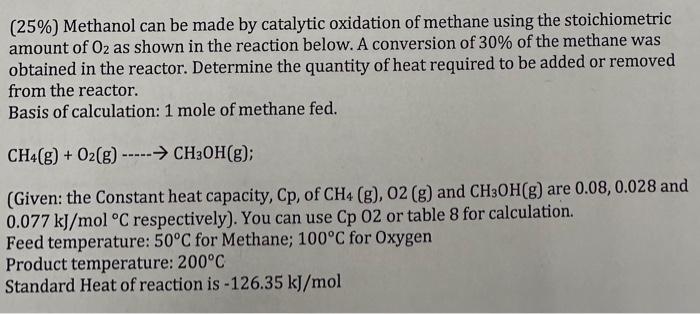 Solved (25\%) Methanol can be made by catalytic oxidation of | Chegg.com
