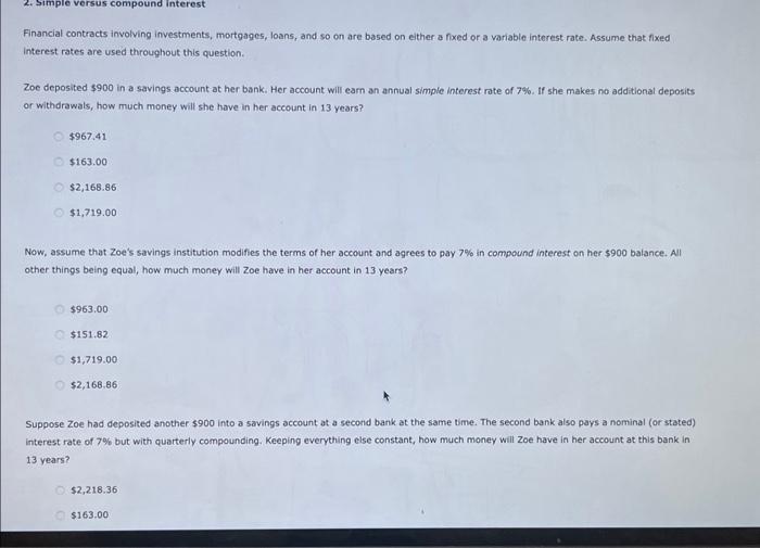 Solved 2. Simple versus compound interest Financial | Chegg.com