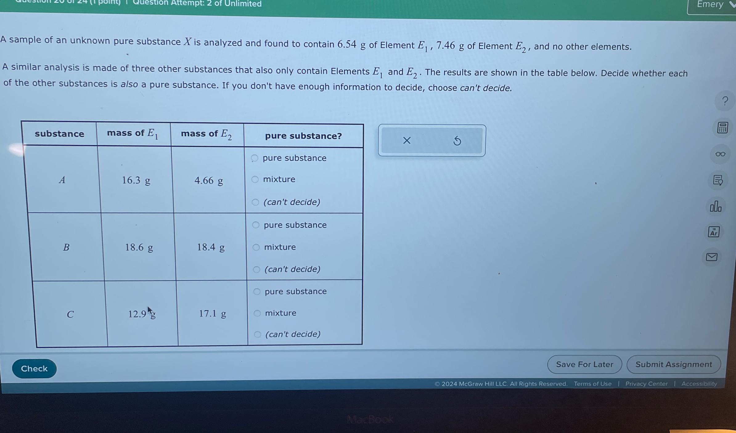 Solved EmeryA sample of an unknown pure substance x ﻿is | Chegg.com