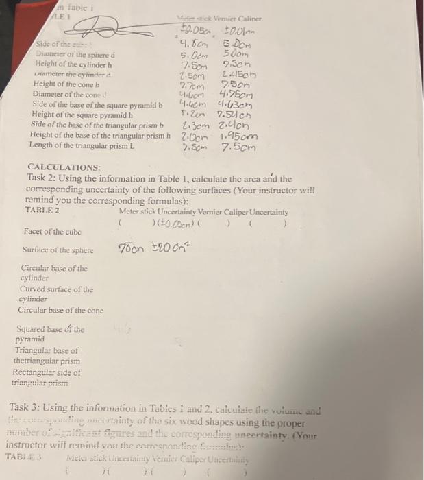 Solved CALCULATIONS: Task 2: Using the information in Table | Chegg.com