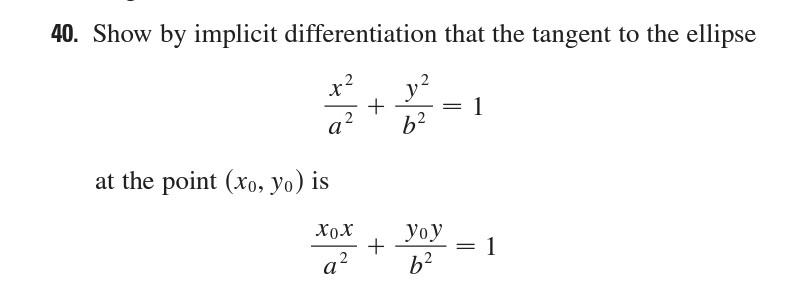 Solved 40. Show by implicit differentiation that the tangent | Chegg.com