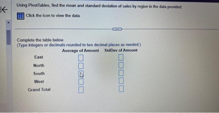 Solved Using PivotTables, find the mean and standard | Chegg.com