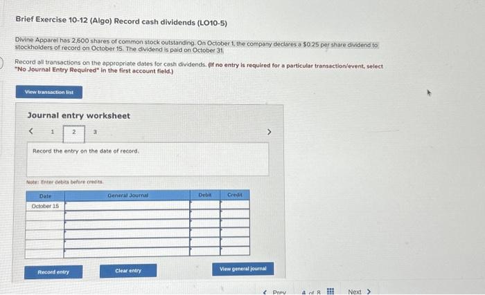 Solved Brief Exercise 10-12 (Algo) Record cash dividends | Chegg.com