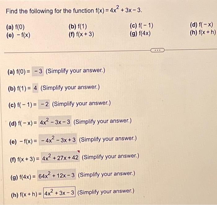 Solved Find The Following For The Function F X 4x2 3x−3 A