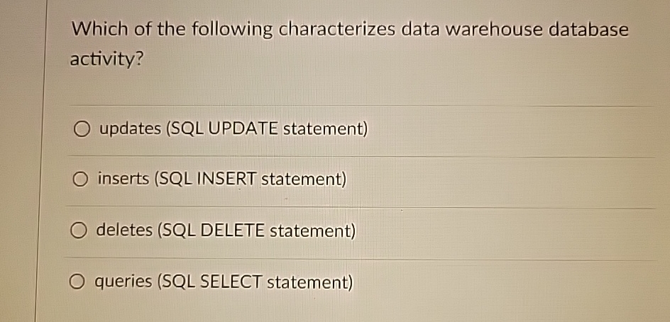 Solved Which of the following characterizes data warehouse | Chegg.com