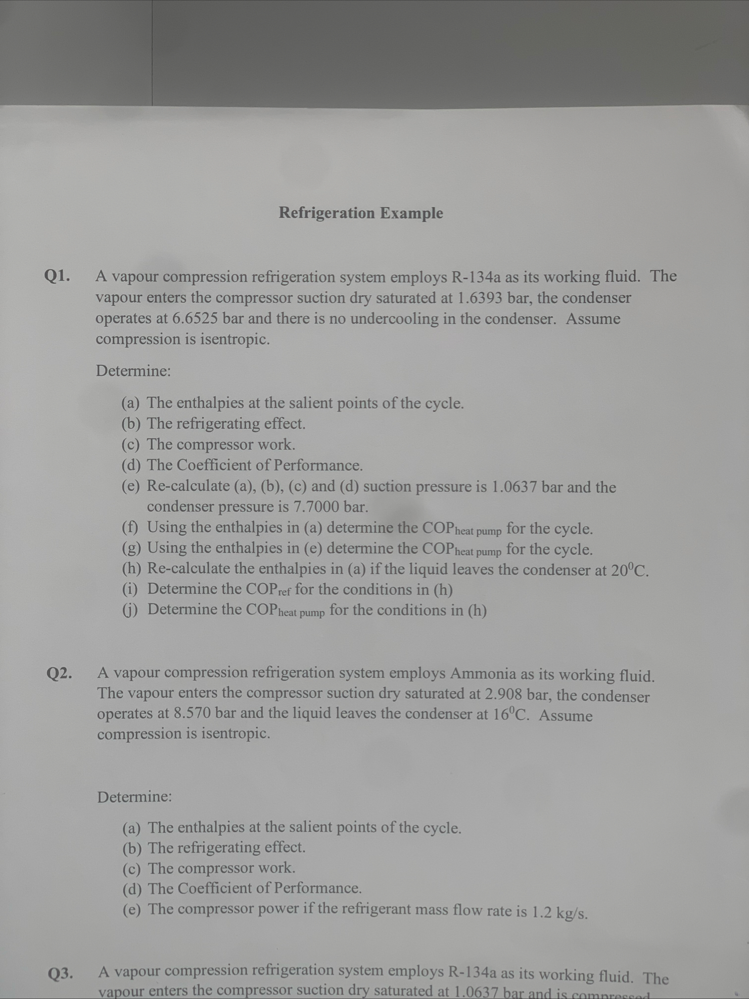 Refrigeration ExampleQ1. ﻿A vapour compression | Chegg.com
