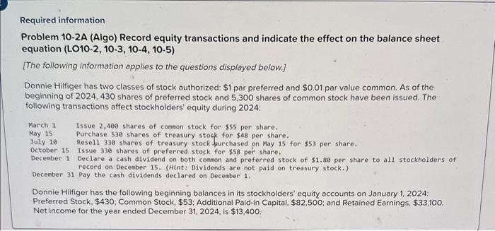 Solved Required information Problem 10-2A (Algo) Record | Chegg.com