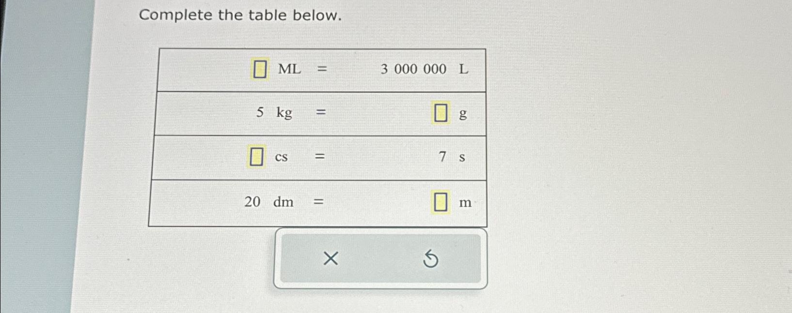Solved Complete the table below.\table[[ML,=,3000000L | Chegg.com