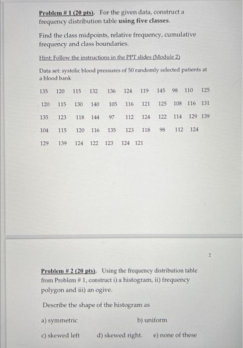 Solved Problem # 1 ( 20pts). For the given data, construct a | Chegg.com