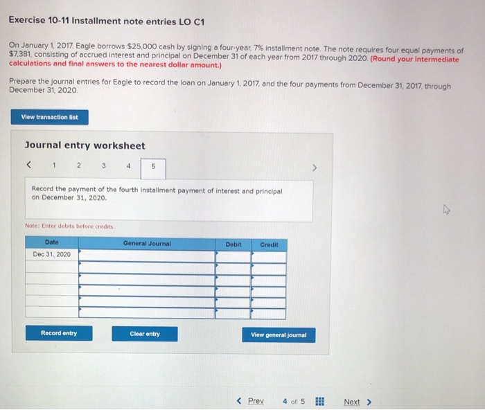 Solved Exercise 10-11 Installment note entries LO C1 On | Chegg.com