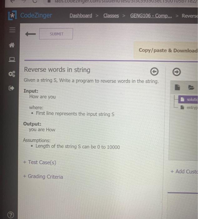 Solved labs.codezinger.com * CodeZinger Dashboard > Classes | Chegg.com