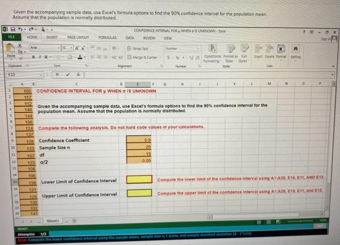 Solved Given the occompanying sample data, use Excel's | Chegg.com