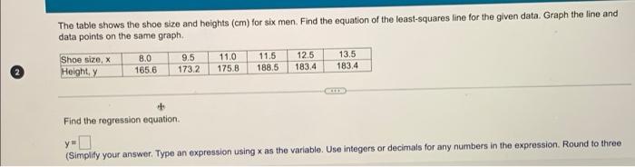 Solved The table shows the shoe size and heights (cm) for | Chegg.com