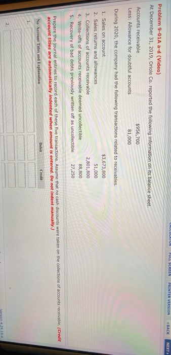 Solved LLORTOR FULL SCREEN PRINTER VERSION BACK NEXT Problem | Chegg.com