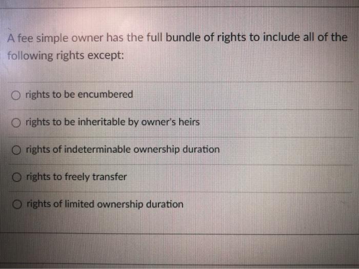 Solved A fee simple owner has the full bundle of rights to | Chegg.com