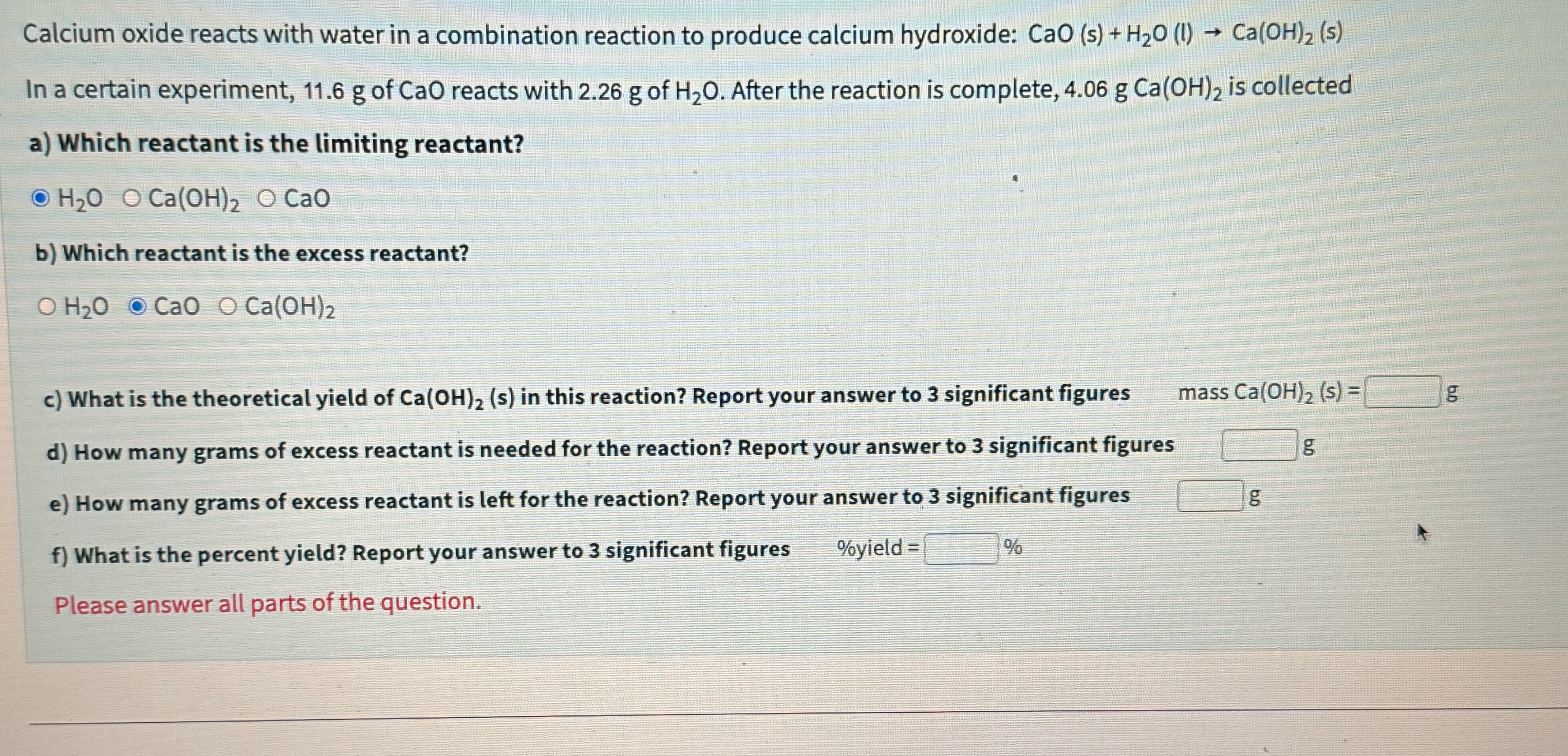 Solved Calcium oxide reacts with water in a combination | Chegg.com