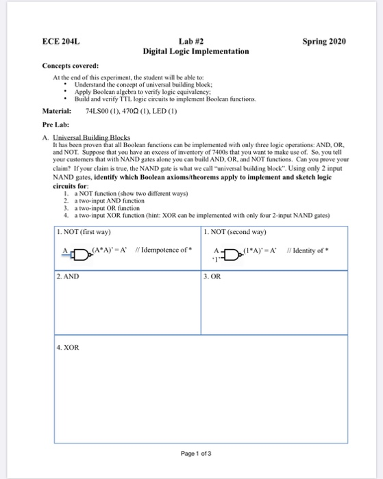 Solved ECE 204L Lab #2 Spring 2020 Digital Logic | Chegg.com