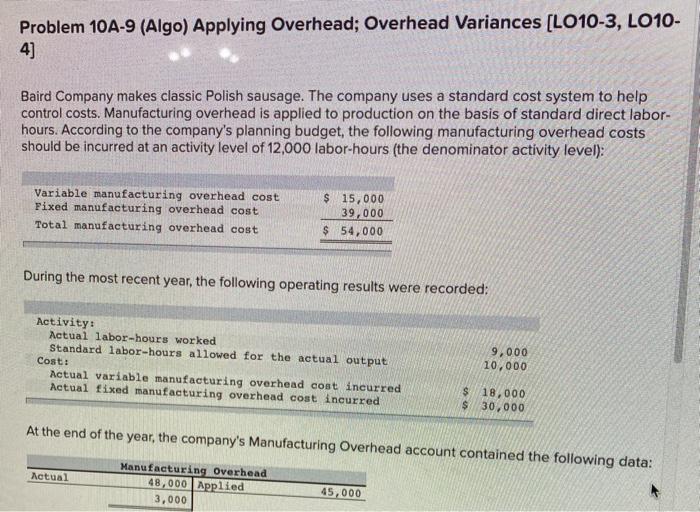 Solved Problem 10A-9 (Algo) Applying Overhead; Overhead | Chegg.com