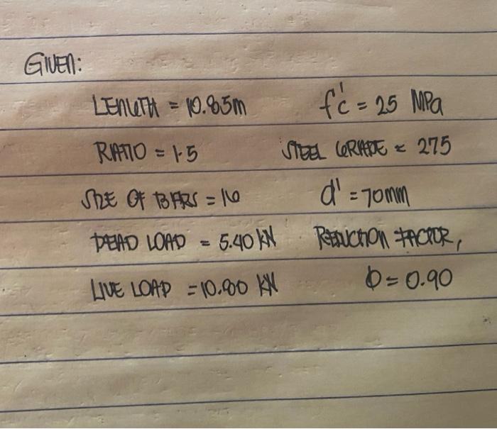 Solved Gwe: LENGTH = 10.85m fc = 25 MPa RATIO = 1.5 Sied | Chegg.com