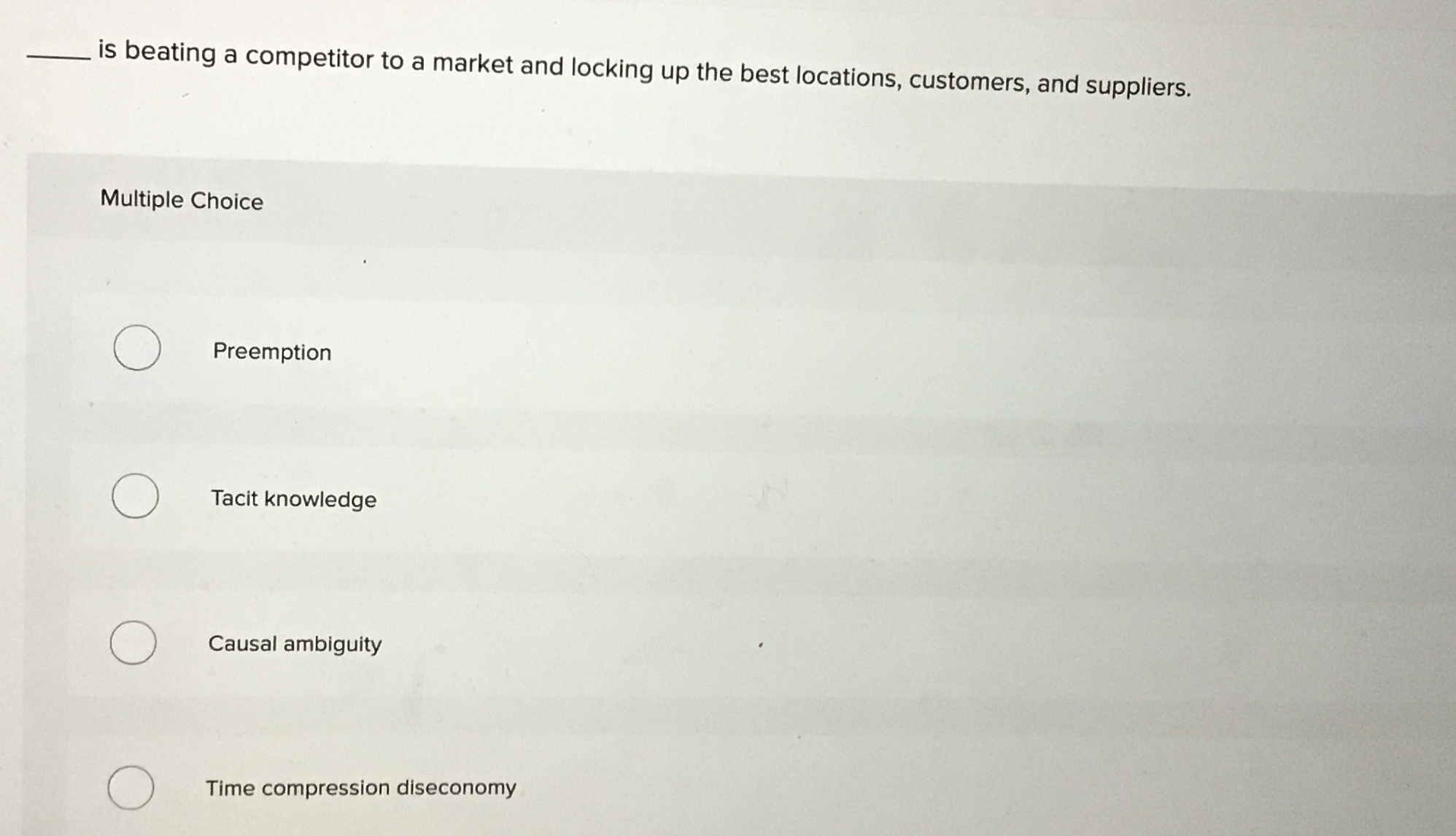 Solved is beating a competitor to a market and locking up | Chegg.com