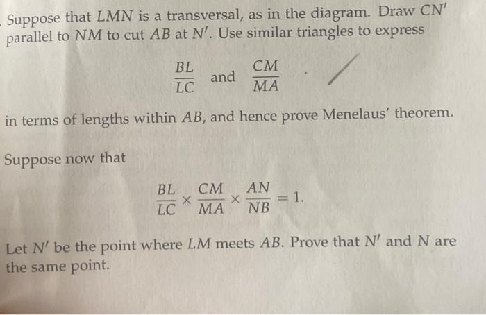 Solved Suppose that LMN is a transversal, as in the diagram. | Chegg.com