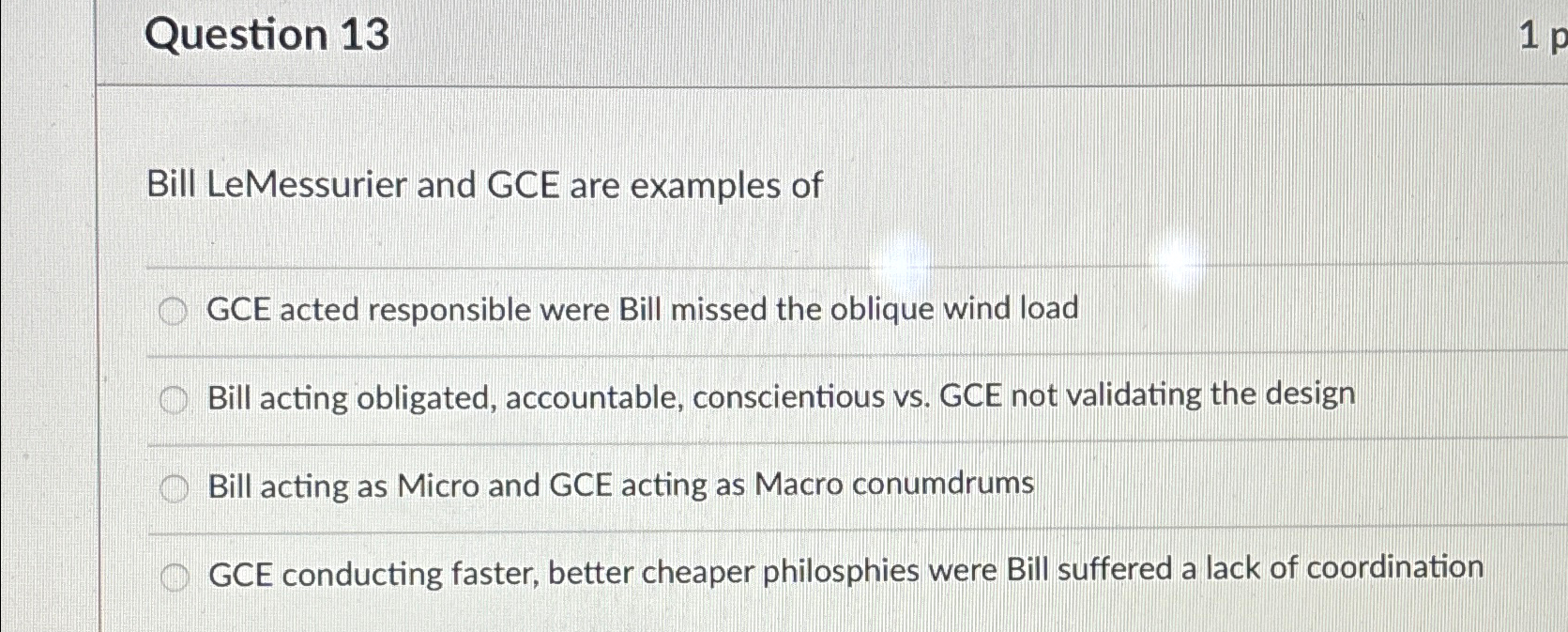 Solved Question 13Bill LeMessurier and GCE are examples | Chegg.com