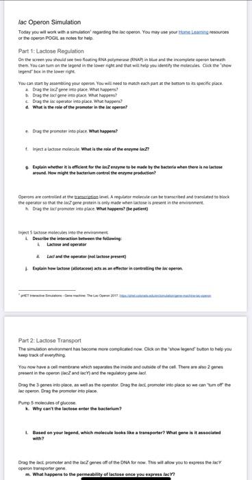 Solved lac Operon Simulation Today you will work with a | Chegg.com