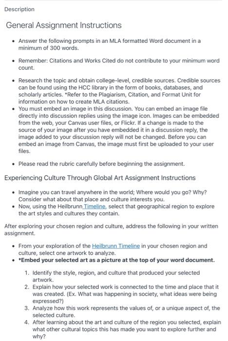 Description General Assignment Instructions Answer | Chegg.com