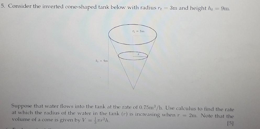Solved 5. Consider the inverted cone-shaped tank below with | Chegg.com