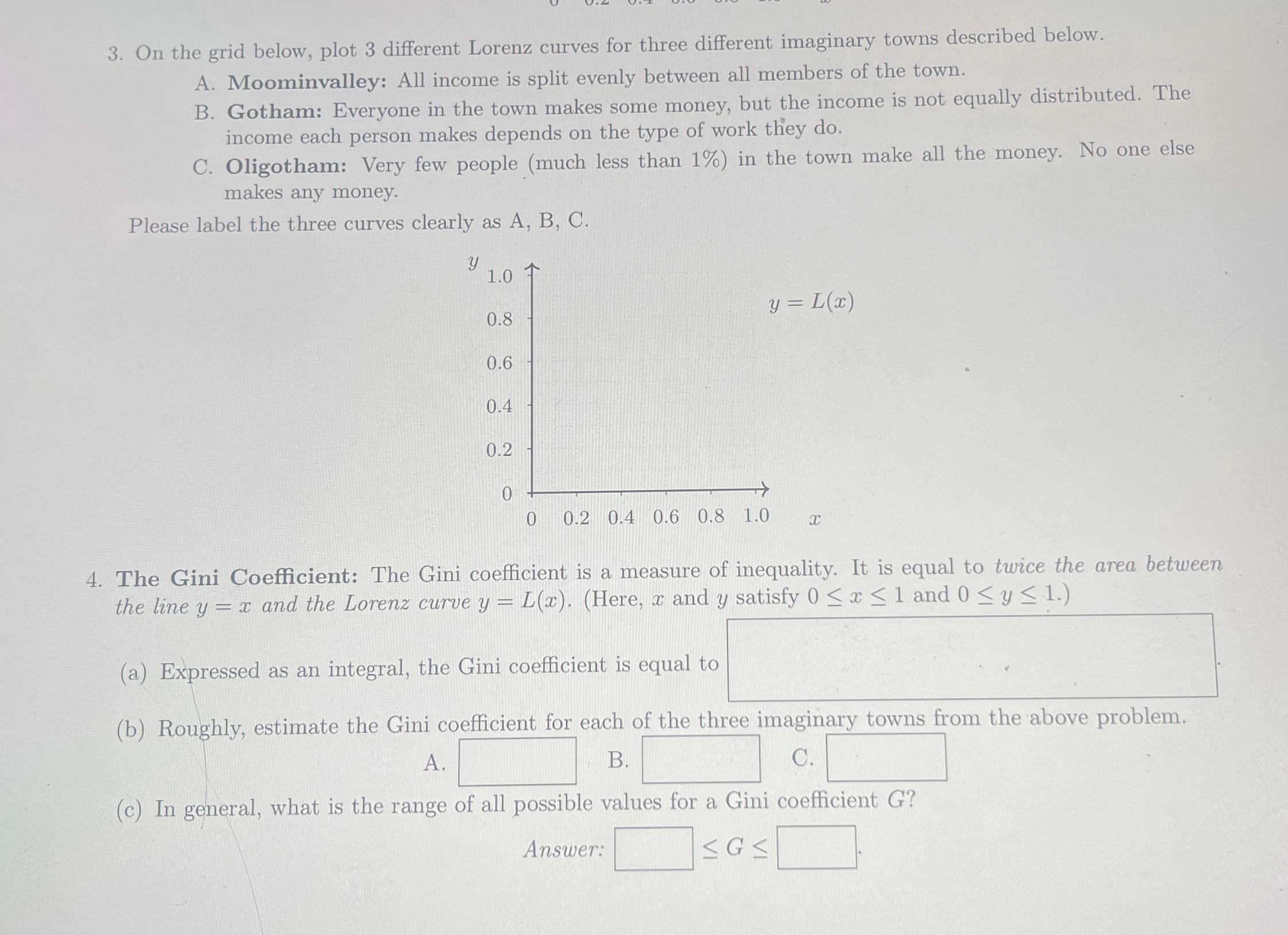 Solved On the grid below, plot 3 ﻿different Lorenz curves | Chegg.com