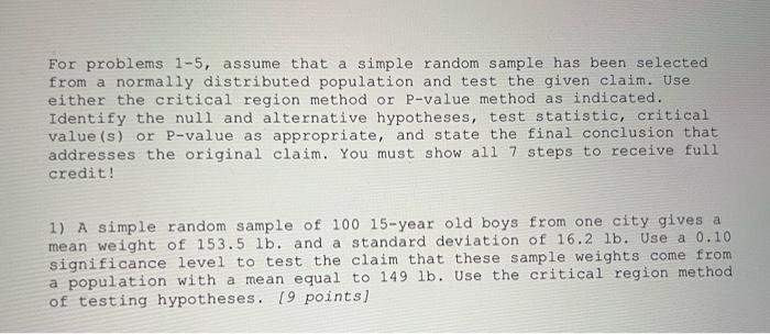 Solved please use the critical region method and alsodo it | Chegg.com