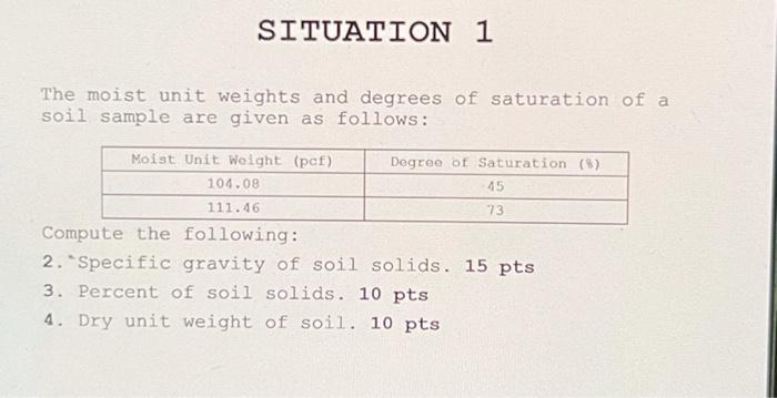 Solved SITUATION 1 The moist unit weights and degrees of | Chegg.com